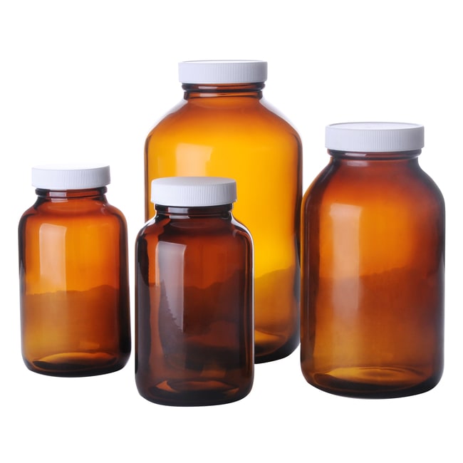 Fisherbrand™ Safety Coated Amber Wide Mouth Packer Glass Bottles with ...