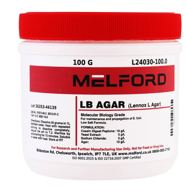 Melford LB Agar, Low Salt, Powder 100 g:Mikrobiologische Medien und Medienzusätze, | Fisher ...