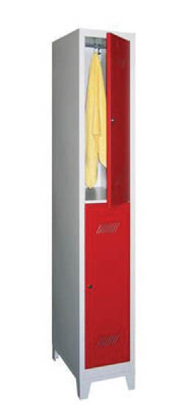 Manutan Industrial locker with feet, hasp lock, red, two tier, single ...