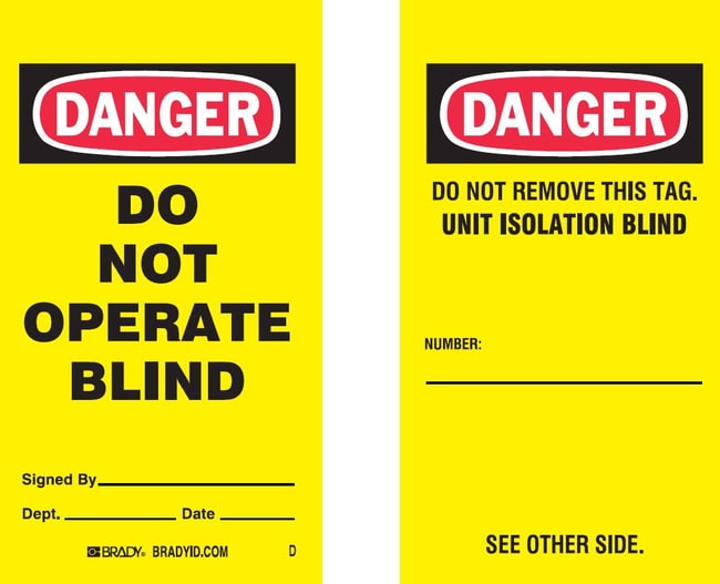 Brady Danger Do Not Operate Blind Tag Quantity: 1000/Pk:Facility Safety ...