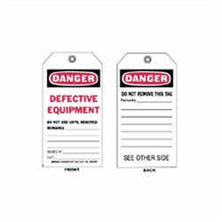 Brady Accident Prevention Tags - Danger Front legend: DEFECTIVE ...