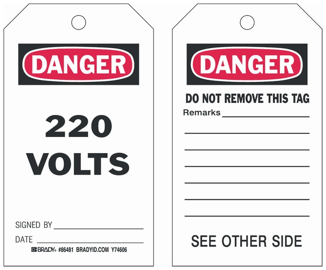Brady Polyester Encased Paper Tag: DANGER 220 VOLTS SIGNED BY: DATE ...