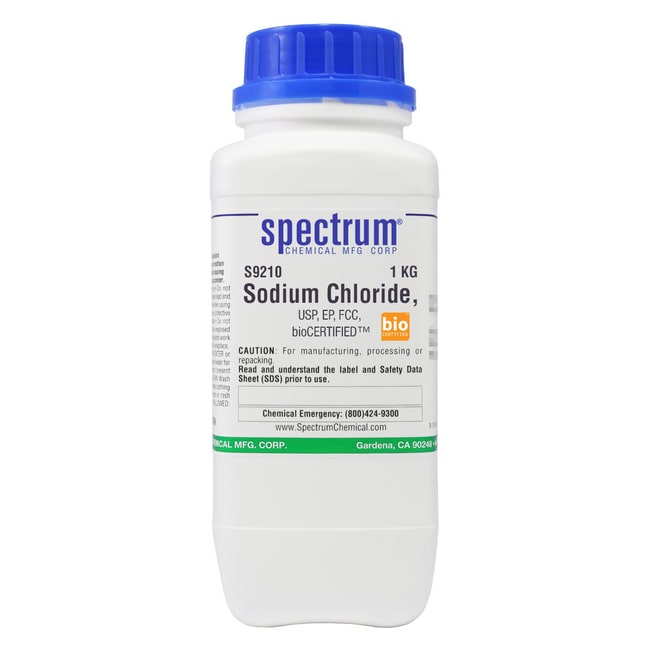 Sodium Chloride, USP, EP, FCC, bioCERTIFIED , 1 kg, Spectrum Chemical ...