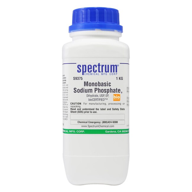 Monobasic Sodium Phosphate, Dihydrate, USP, EP, bioCERTIFIED , 1 kg, Spectrum Chemical, Quantity ...